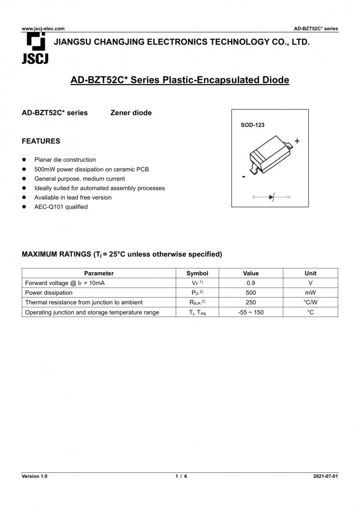 AD-BZT52C2V7 datasheet page 1