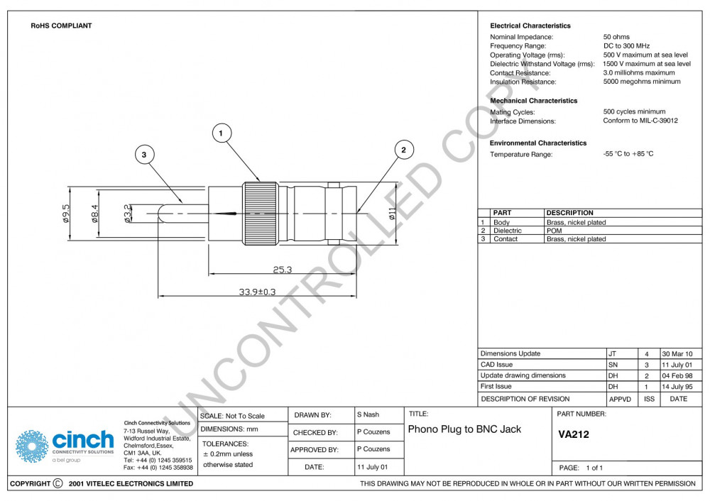 VA212 Phono Plug to BNC Jack technical drawing