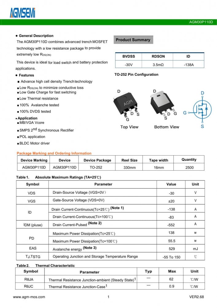 AGM30P110D datasheet page 1