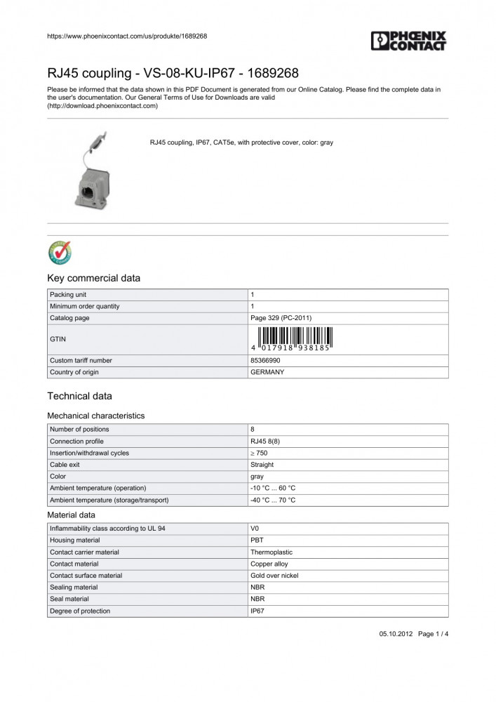 Phoenix Contact 1689268 technical document page 1