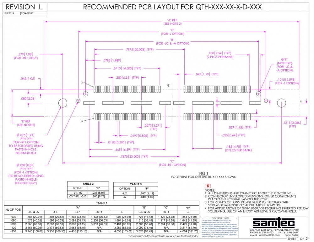 Samtec QTH footprint and dimensional drawing
