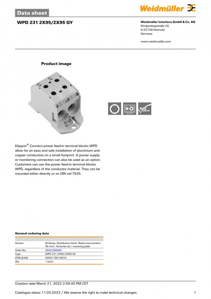 WPD 231 product documentation page 1