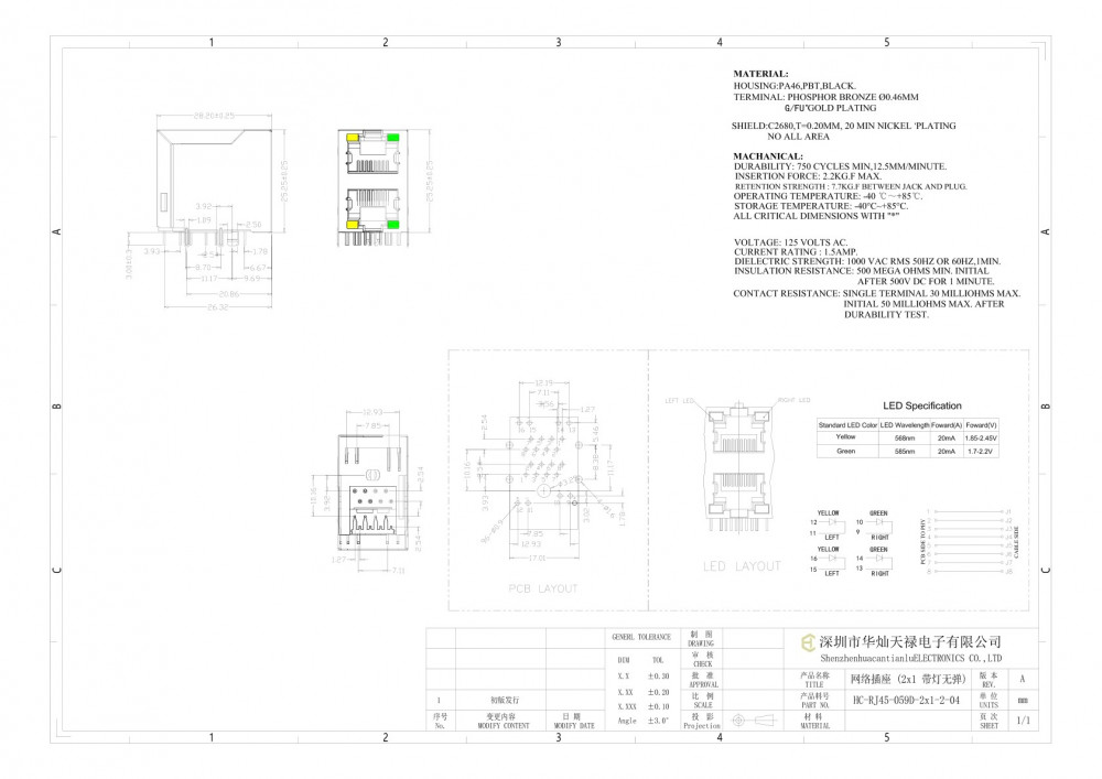 HCTL HC-RJ45-059D-2x1-2-04 technical drawing