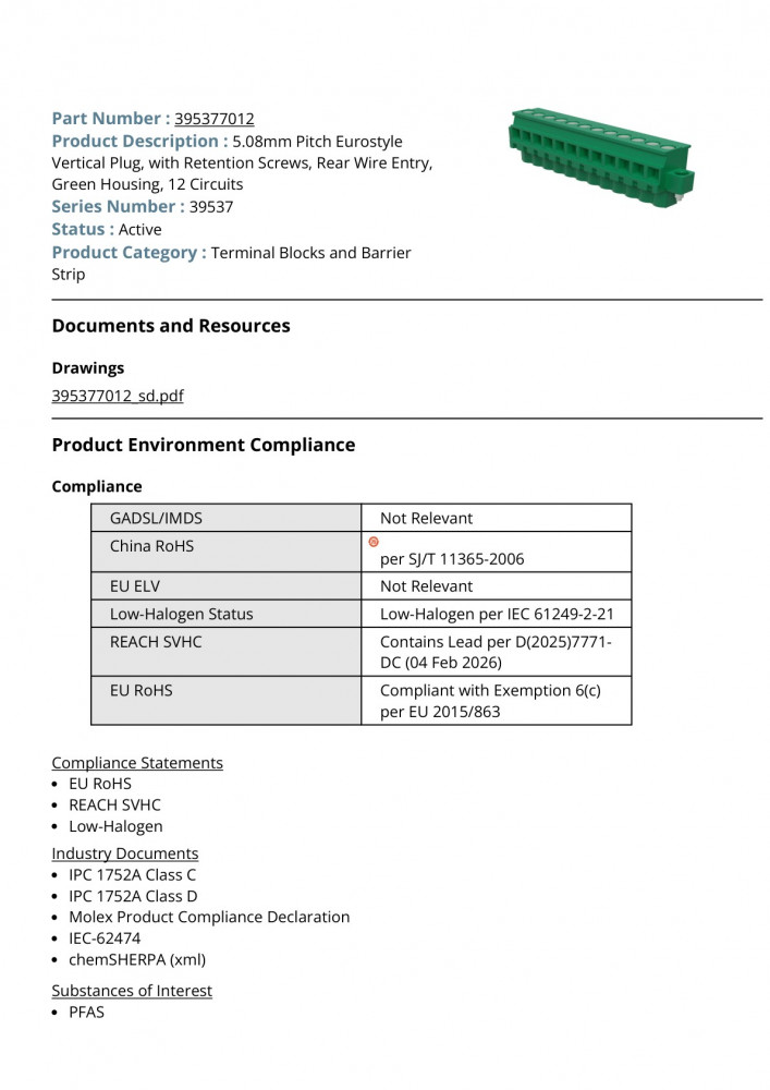 MOLEX 395377012 technical document page 1