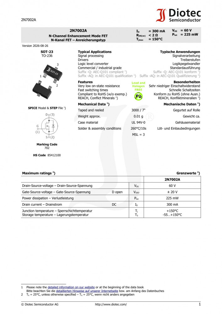 2N7002A technical document page 1