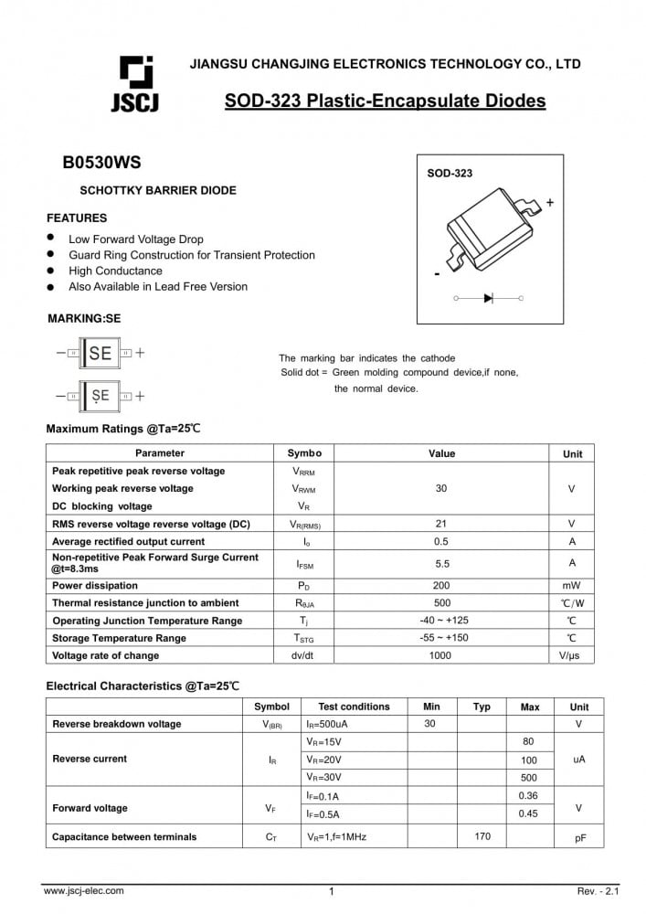 B0530WS datasheet page 1