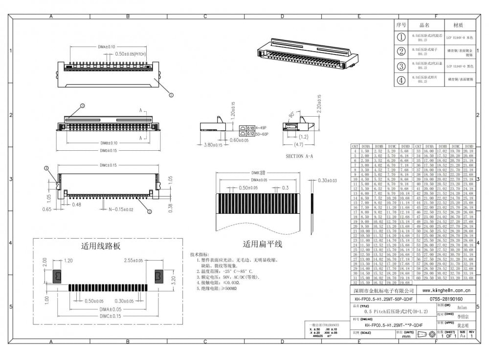 Kinghelm KH-FPC0.5-H1.2SMT-50P-QCHF technical drawing