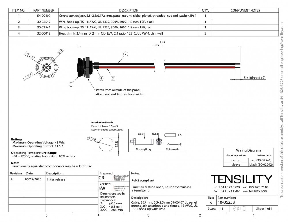 Tensility International 10-06258 drawing and wiring identification