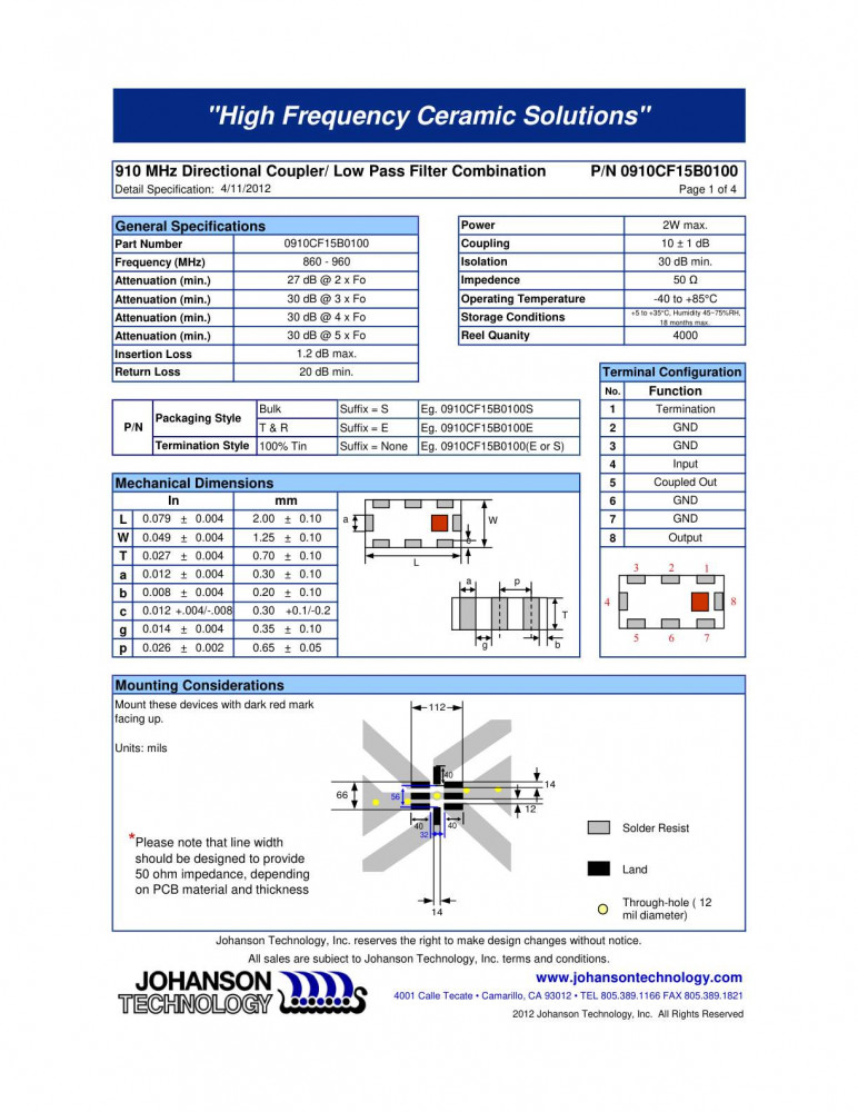 0910CF15B0100 product specification page 1