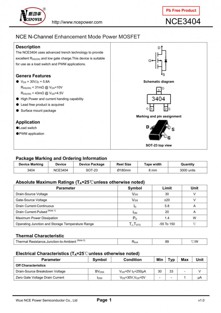 NCE3404 datasheet page 1