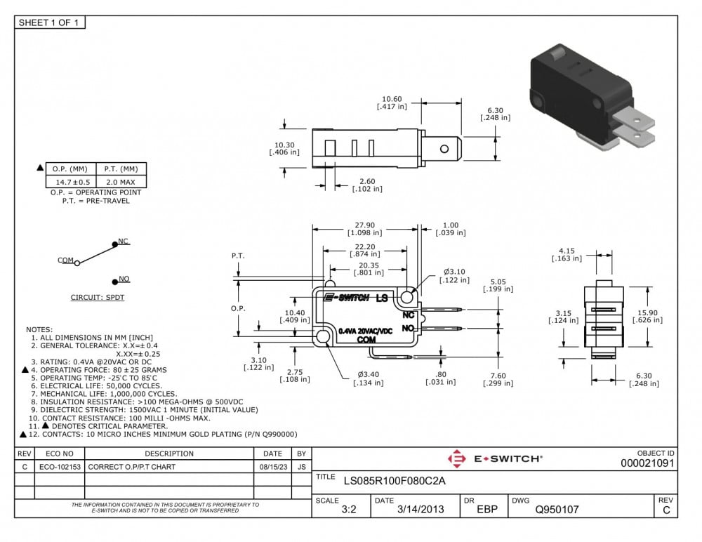 LS085R100F080C2A technical drawing page 1