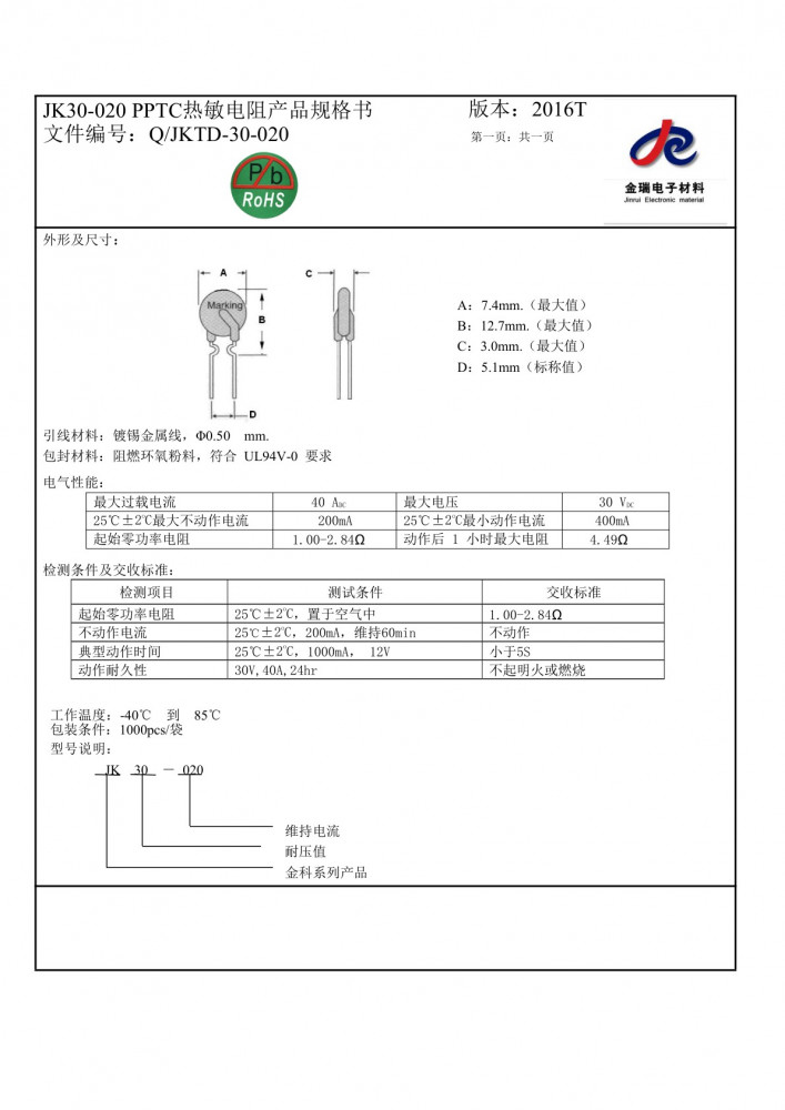 Jinrui JK30-020 PPTC specification sheet