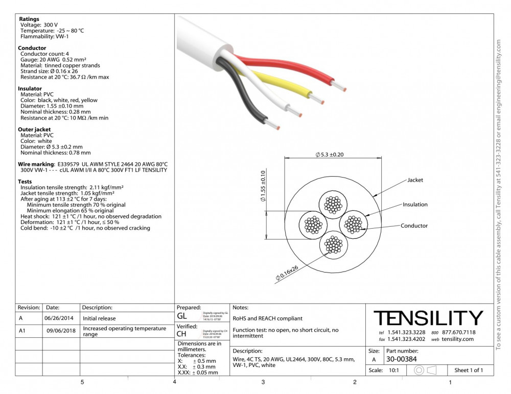 Tensility International 30-00384 product drawing and cable specifications
