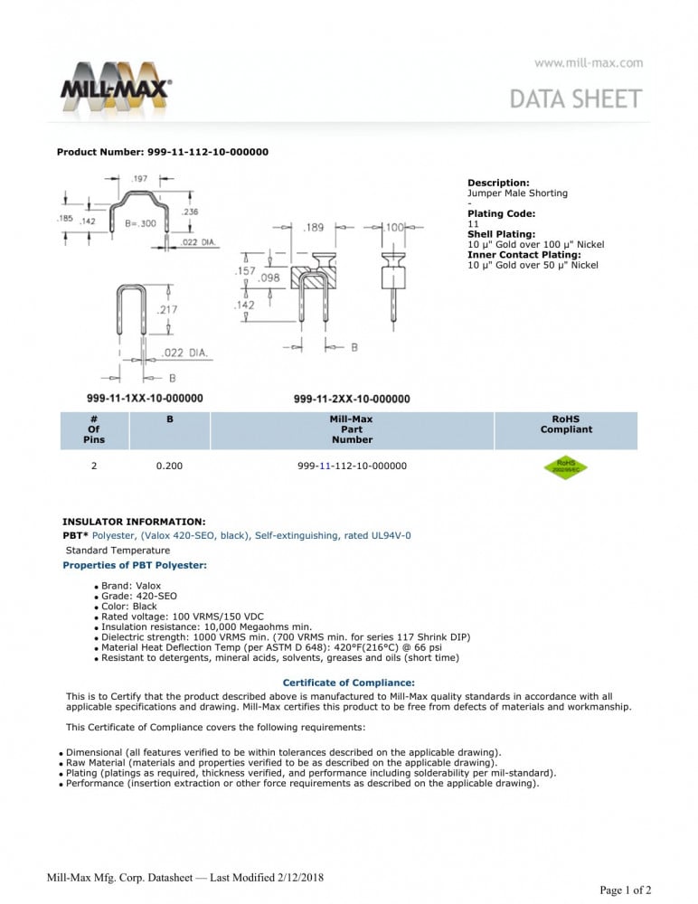 Mill-Max 999-11-112-10-000000 technical document page 1