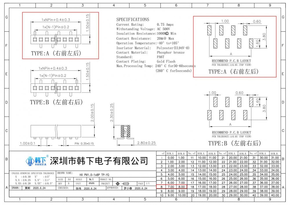 HANXIA HX PM1.0-1x8P TP-YQ technical drawing