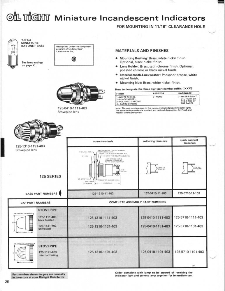 Dialight oil-tight miniature incandescent indicator catalog page 1