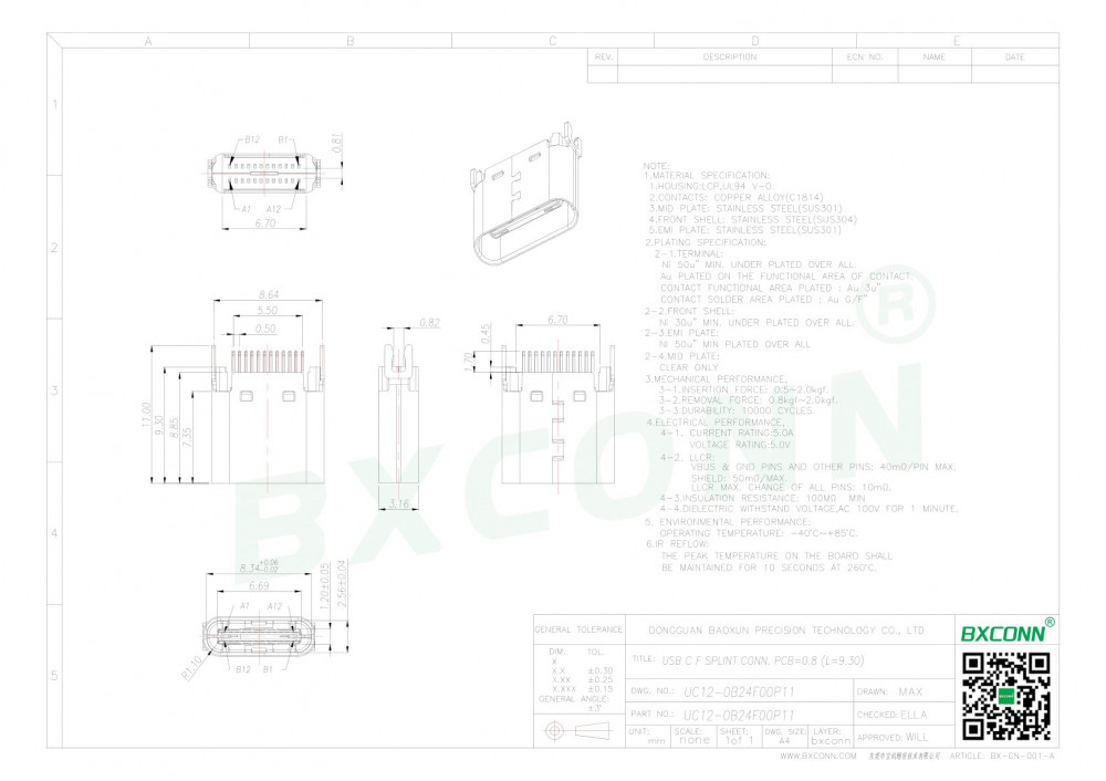 BXCONN UC12-0B24F00P11 technical drawing page 1