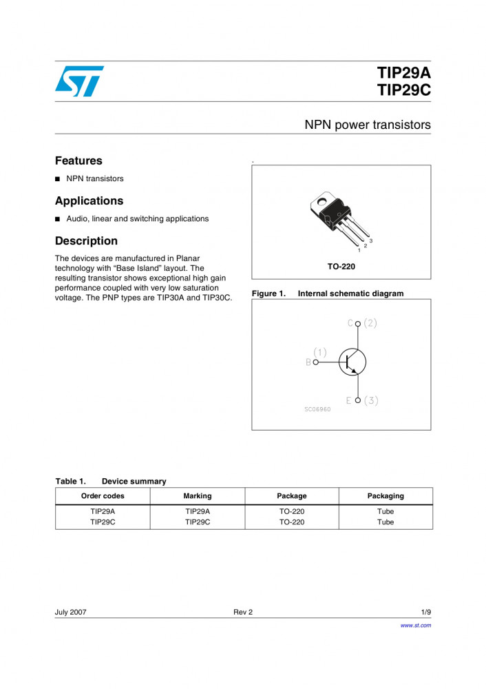TIP29A datasheet page 1