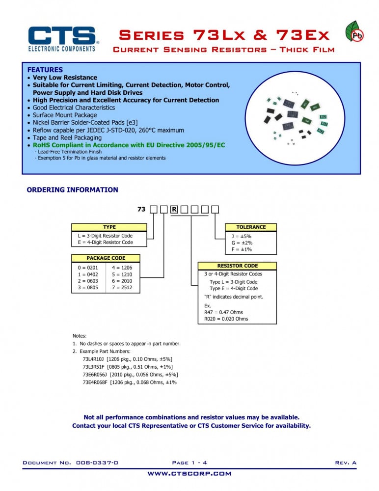 CTS 73L resistor series datasheet page 1