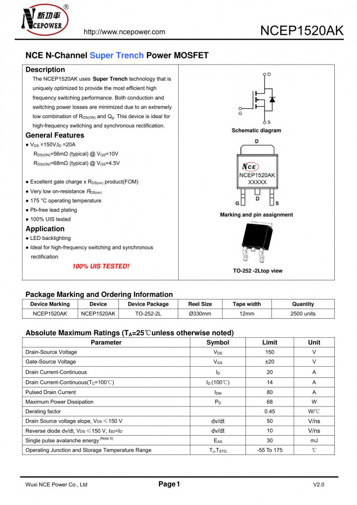 NCEP1520AK datasheet page 1
