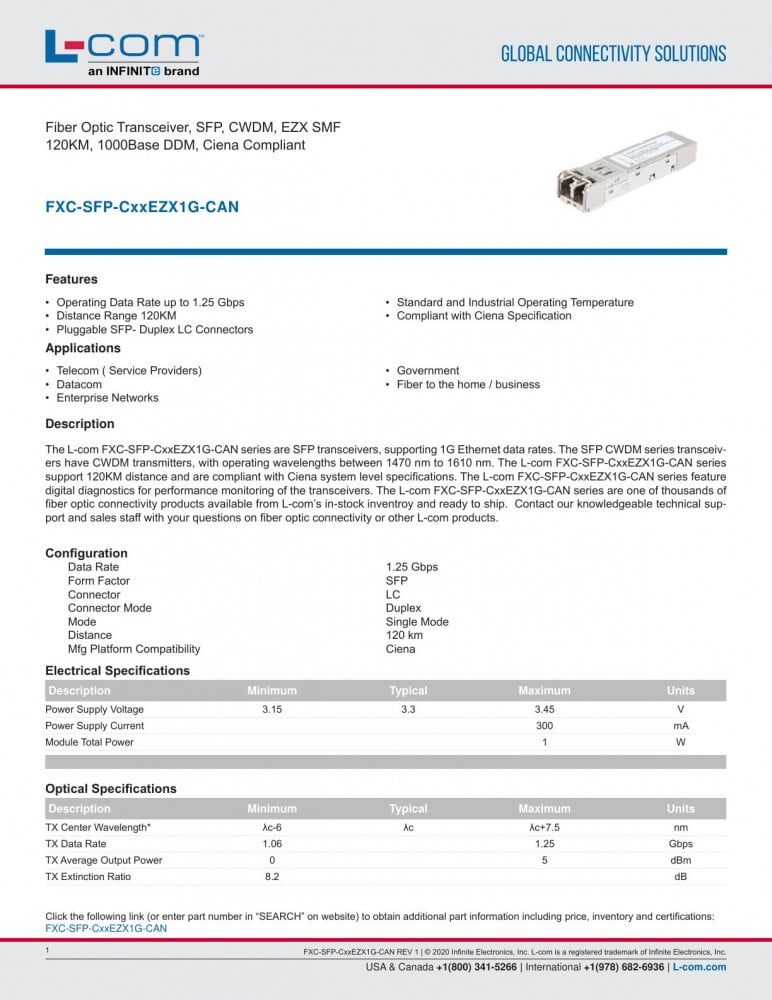 FXC-SFP-C61EZX1G-CAN datasheet page 1