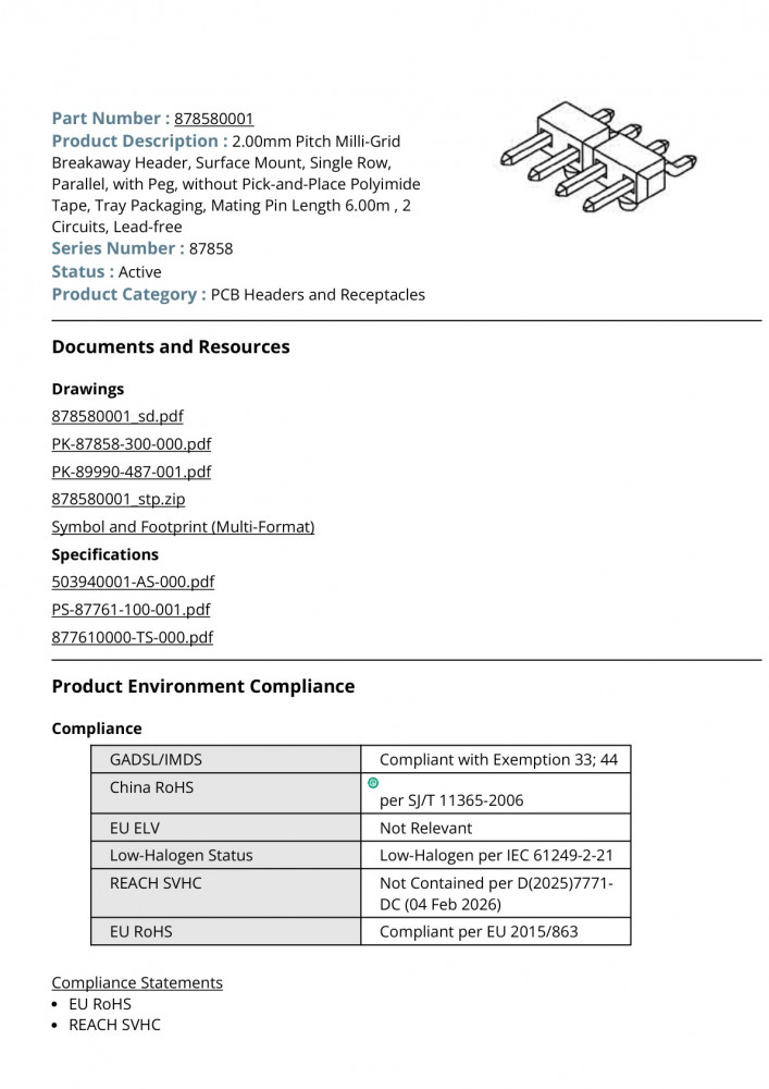 Technical document page image 1 for MOLEX 878580001