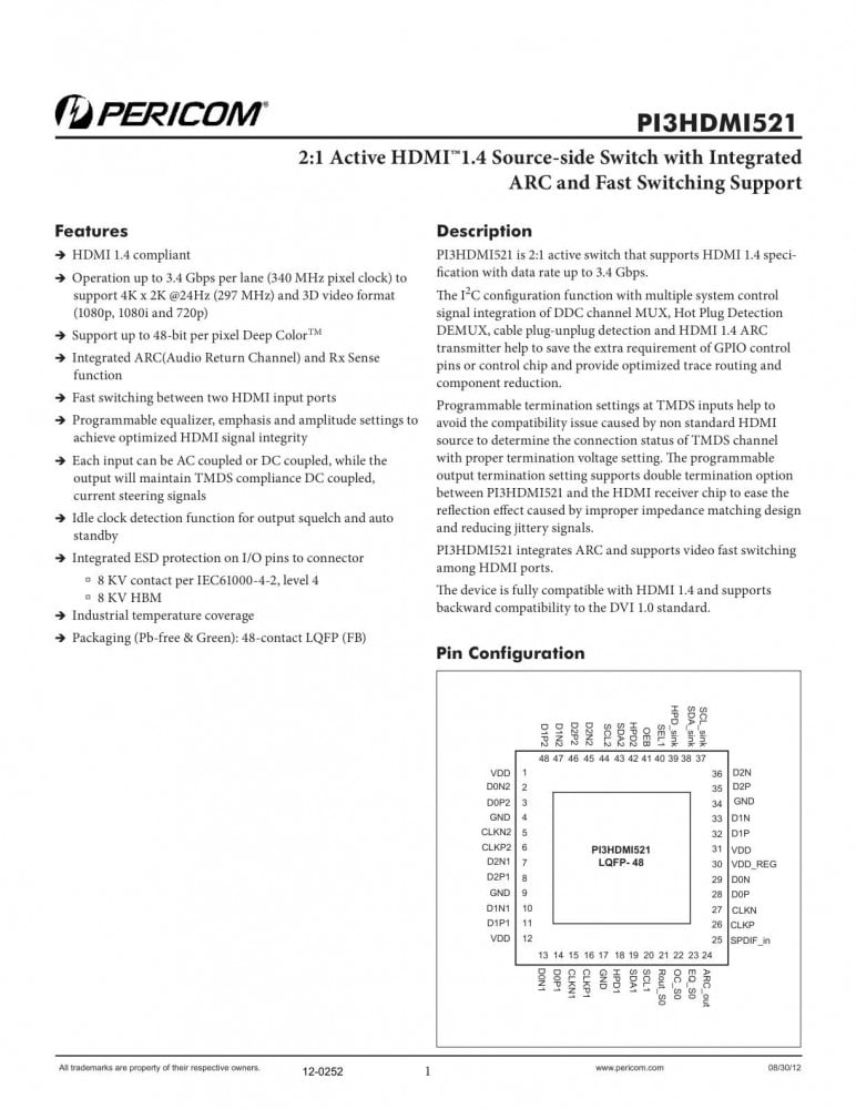 PI3HDMI521FBE datasheet page 1