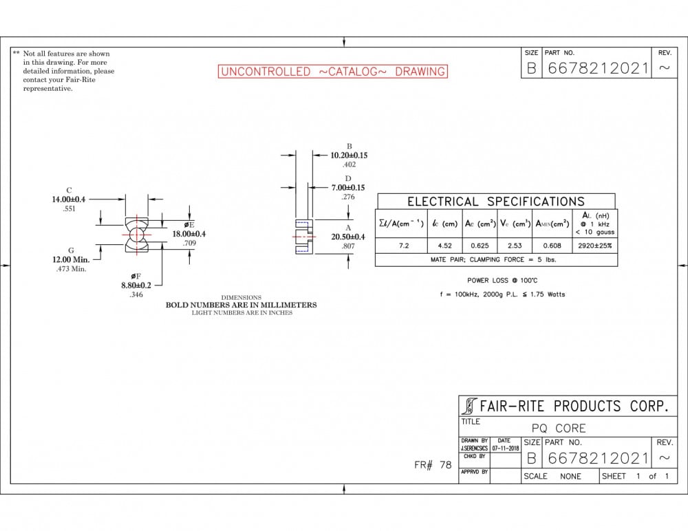 Fair-Rite 6678212021 PQ core drawing