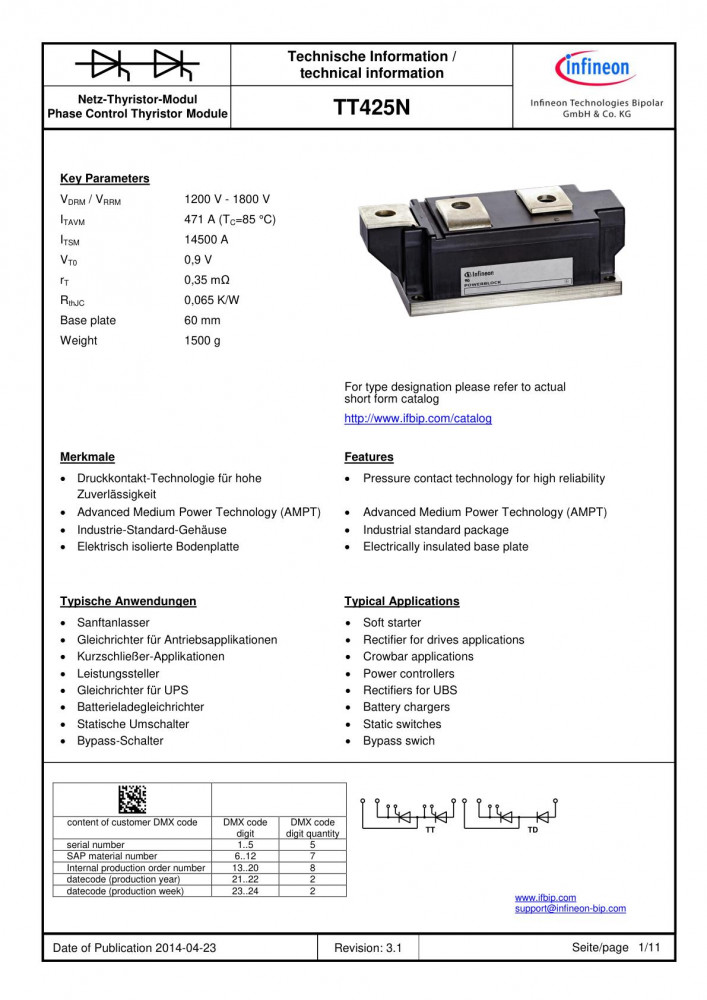 TT425N16KOF technical document page 1