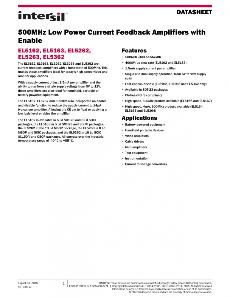 EL5362ISZ datasheet page 1
