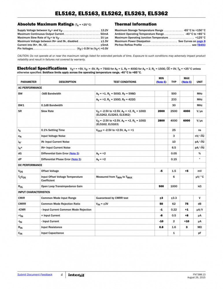 EL5362ISZ datasheet page 4