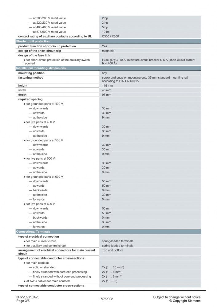 SIEMENS 3RV20211JA25 technical document page 3