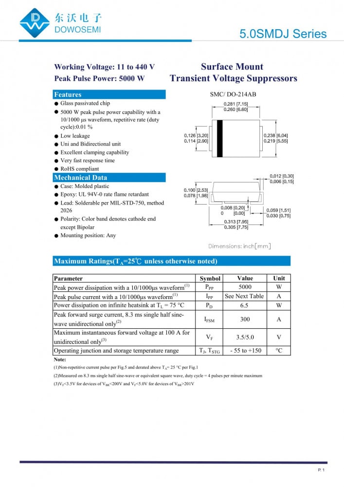 DOWO 5.0SMDJ series datasheet page 1