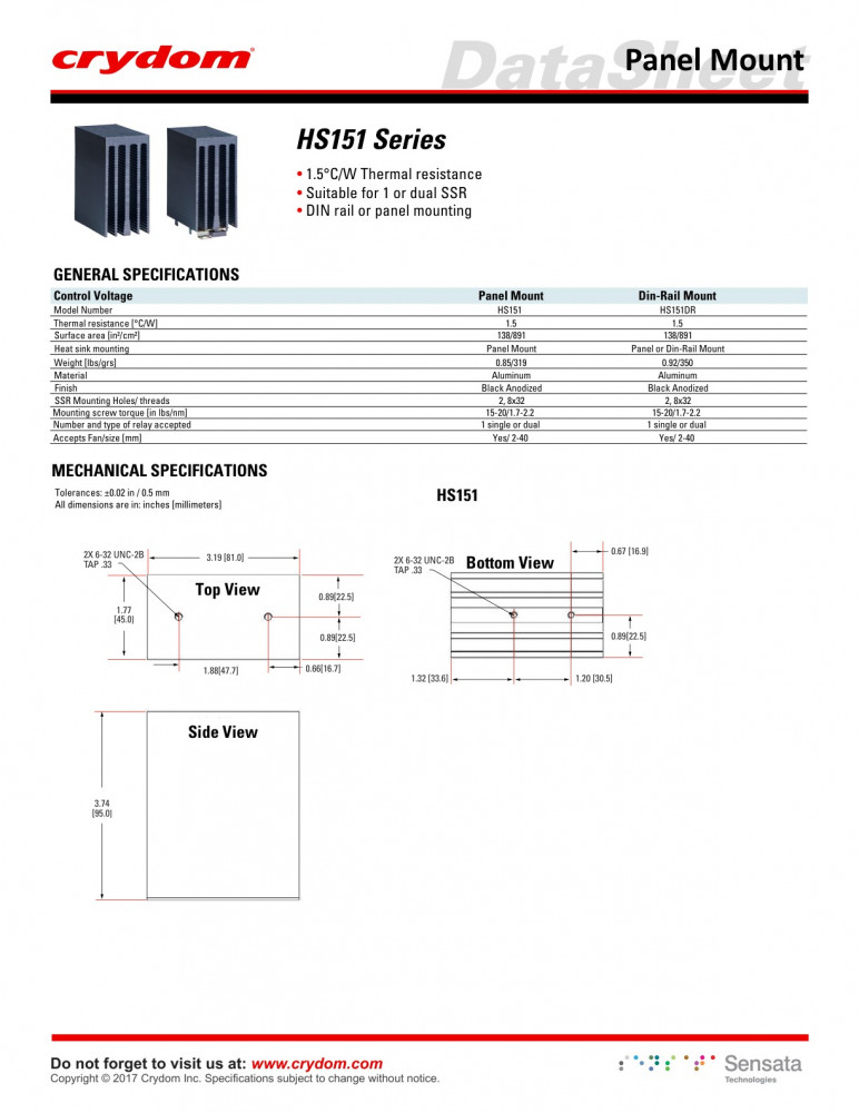 Sensata HS151DR documentation page 1