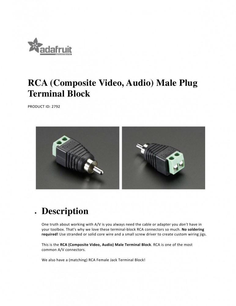 Adafruit 2792 RCA male plug terminal block technical image 1