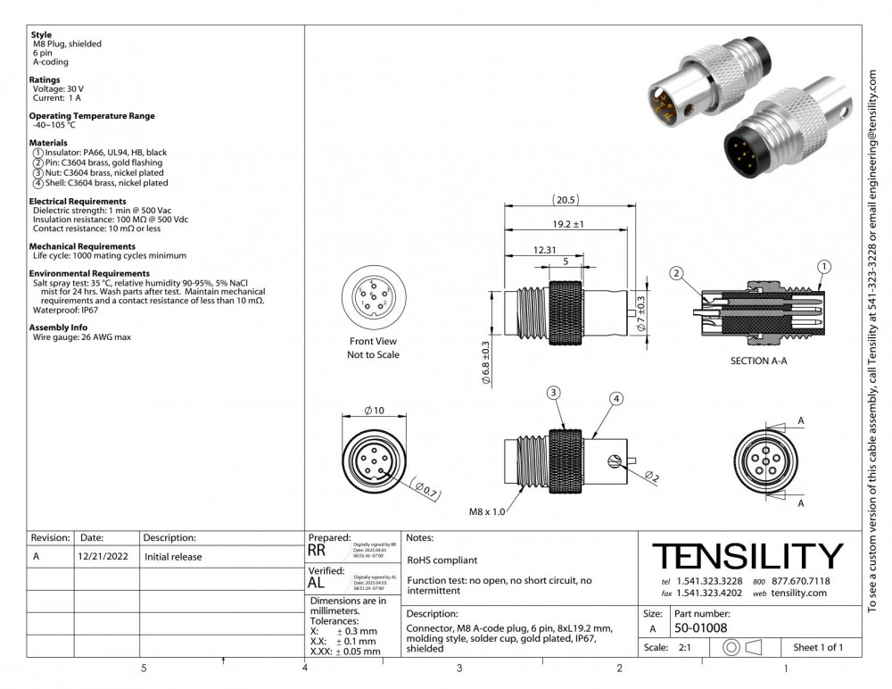 Tensility International 50-01008 M8 A-coded six-pin plug product drawing