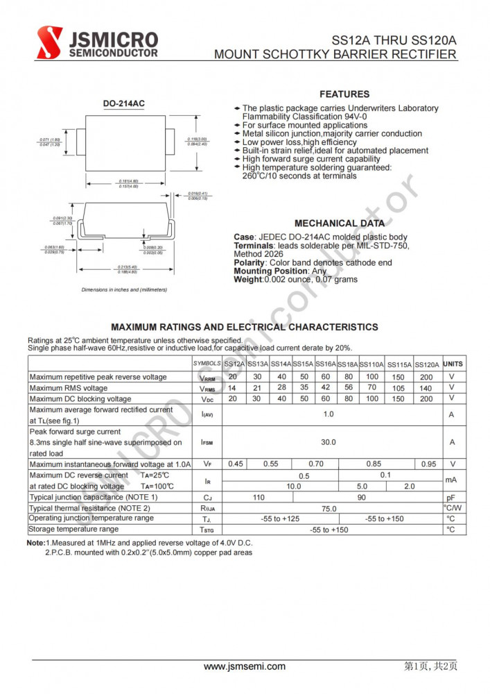 JSMSEMI SS14A datasheet page 1