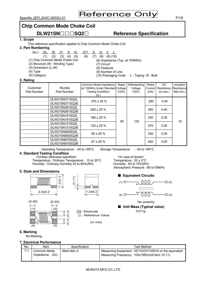 DLW21SN371SQ2L specification page 1