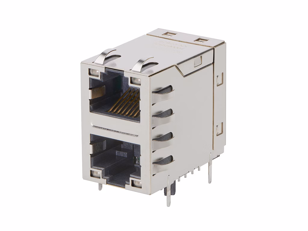 MXMag Gigabit Ethernet 8 Core Non-PoE 2x1 RJ45 Connector, 28.40mm Depth, 3.20mm Phy Pin Length, Right-Angle, with Shield Tabs, with Green/Orange-Green/Orange LEDs, Industrial Temperature, Tray for sale