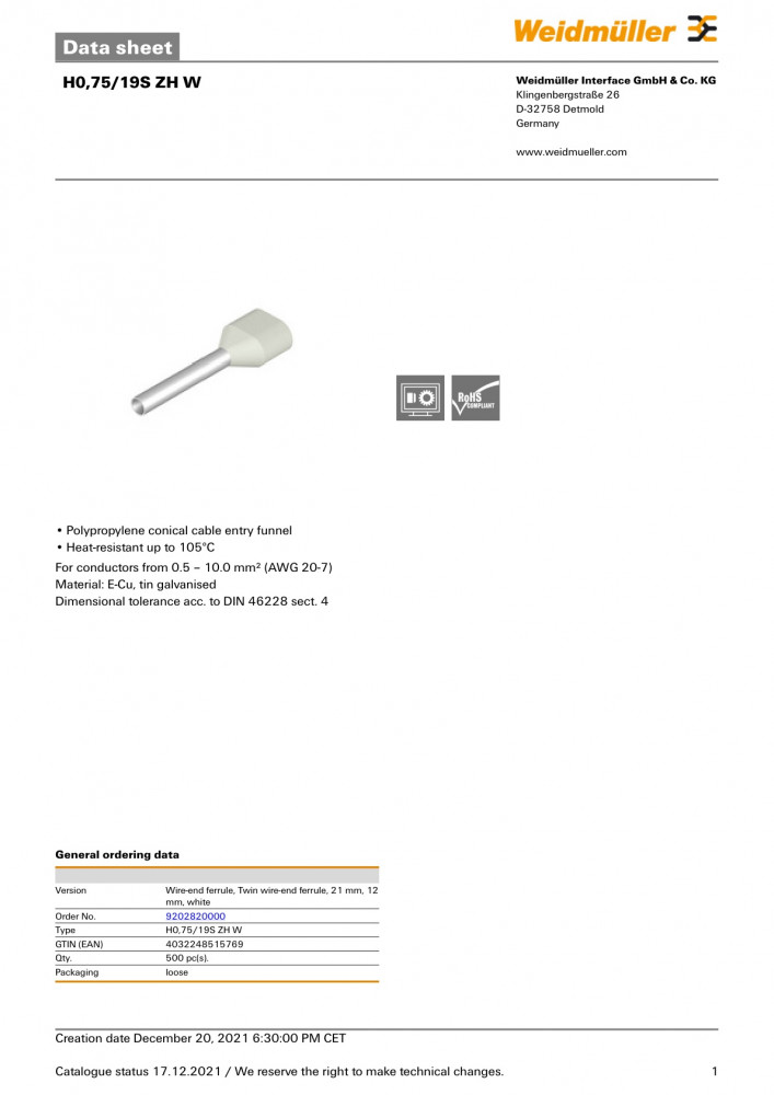 WEIDMULLER 9202820000 technical document page 1