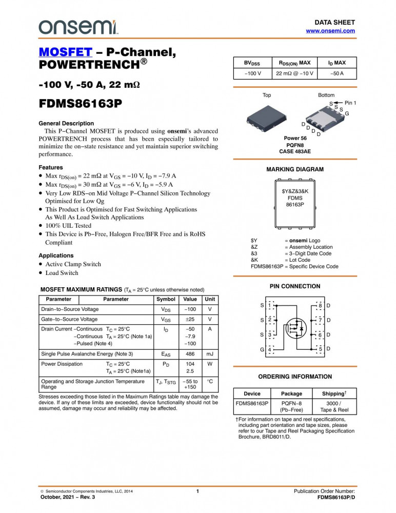 FDMS86163P datasheet page 1