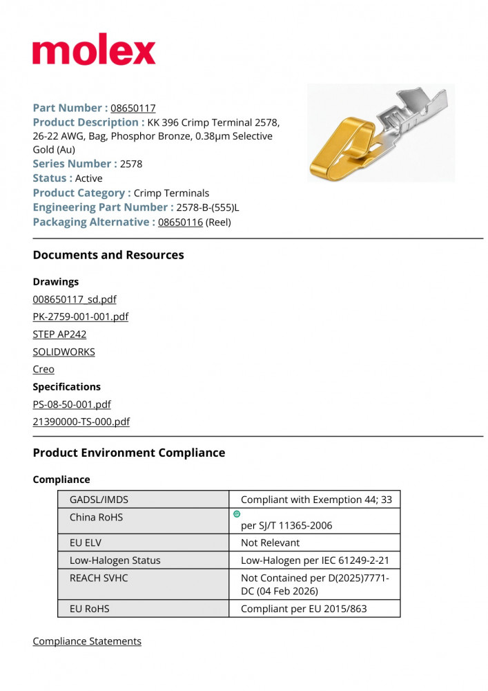 Molex KK 396 product specification, page image 1
