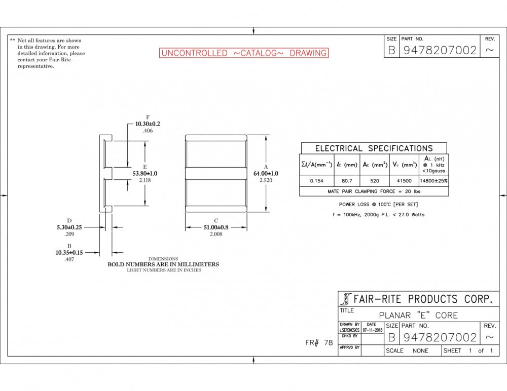Fair-Rite 9478207002 SIZE B drawing