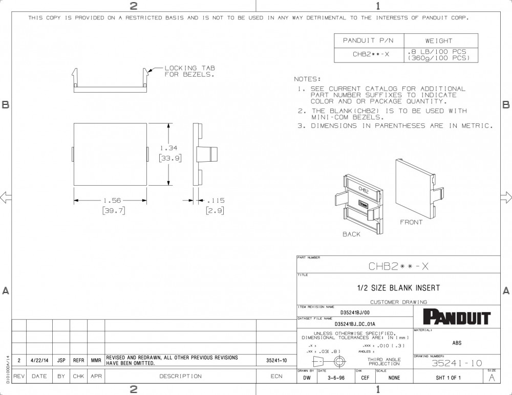 Customer drawing reference for the CHB2 1/2-size blank insert