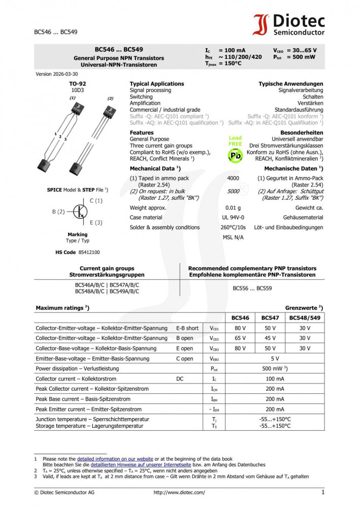 BC548B technical document page 1