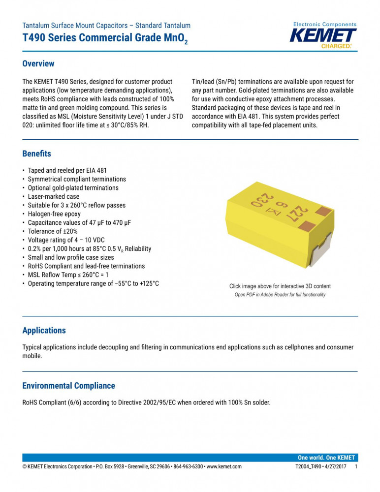 KEMET T490 datasheet page 1