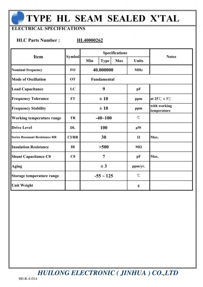 HL40000262 electrical specifications