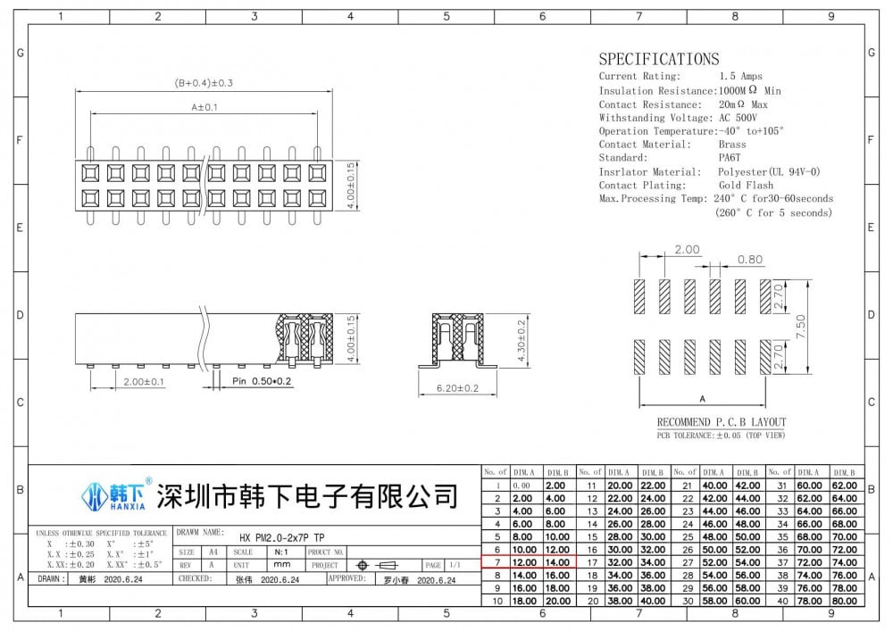 HX PM2.0-2x7P TP technical drawing and specifications