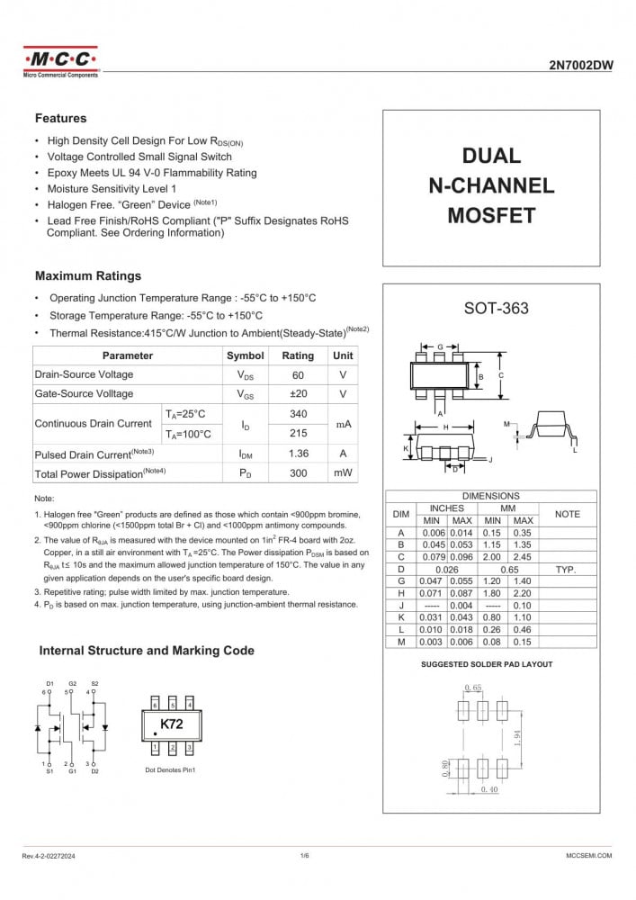 2N7002DW-TP datasheet page 1