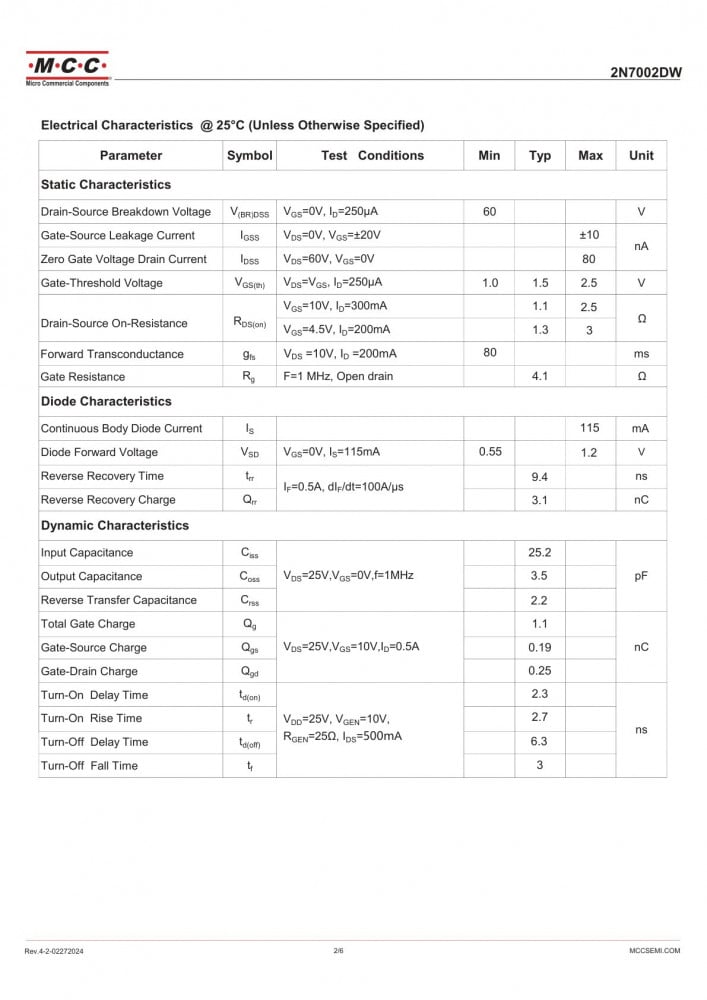 2N7002DW-TP datasheet page 2